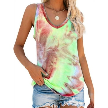 FASHIONWT Women Gradient V Neck Tank Top Tie-dye Sleeveless Casual ...