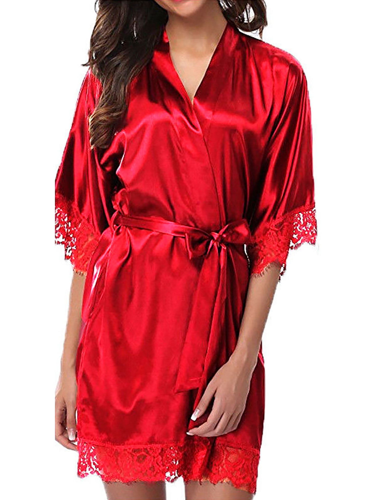 Skksst Womens Lace Short Sleeve Negligee Sleepwear Satin Silk Drssing ...