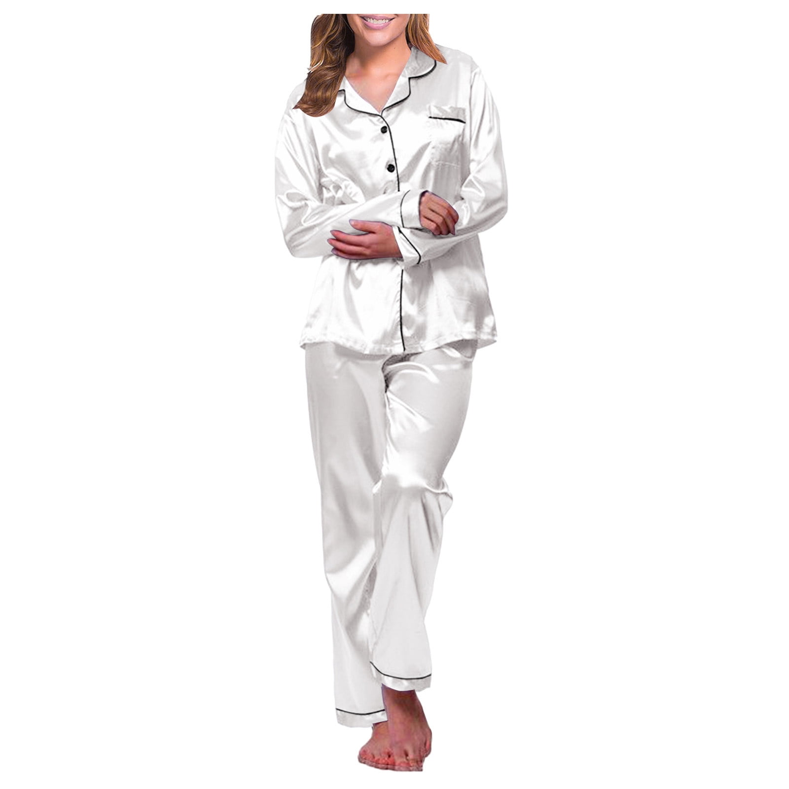 Skpblutn Plus Size Silky Pajama Set for Women, Long Sleeve Satin ...