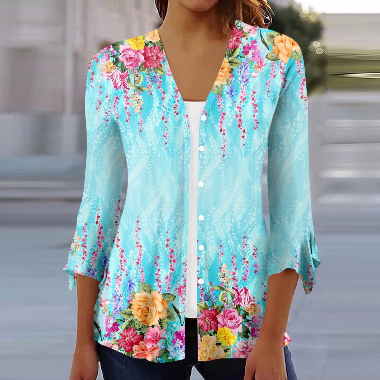 Sksloeg Cardigans for Women 3/4 Sleeves Bohemia Floral Printed Button ...