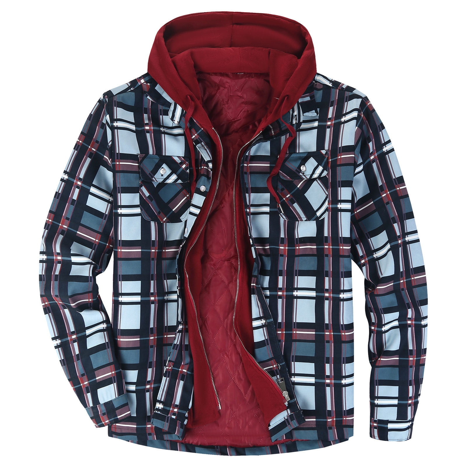 Sksloeg Men's Plaid Jackets Shirt Jacket with Hood Long Sleeve Quilted ...