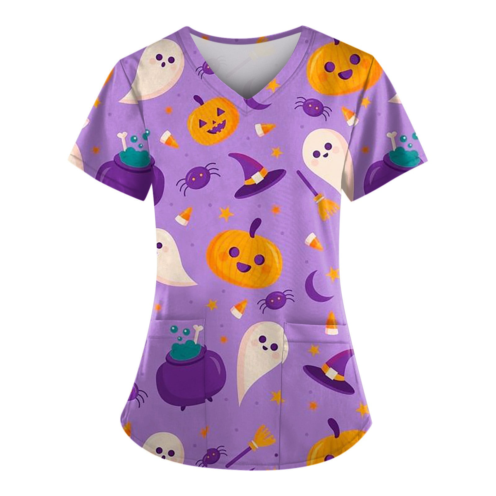 Sksloeg Sksloeg Women's Scrubs Workwear V Neck Short Sleeve Pumpkin Cat ...