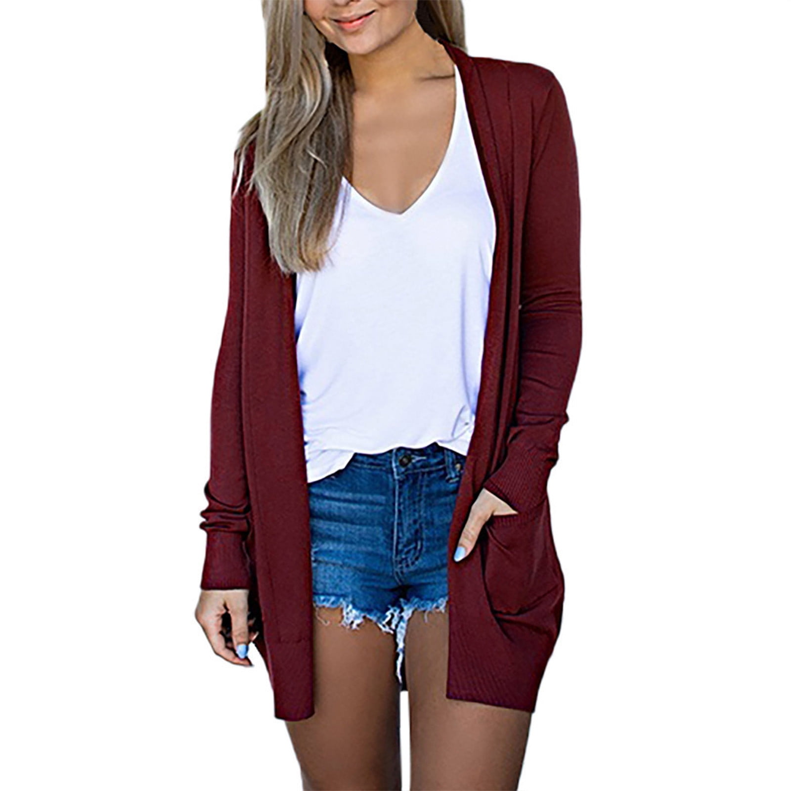 Sksloeg Sweaters for Women Trendy Red Solid Open Front Duster Casual ...