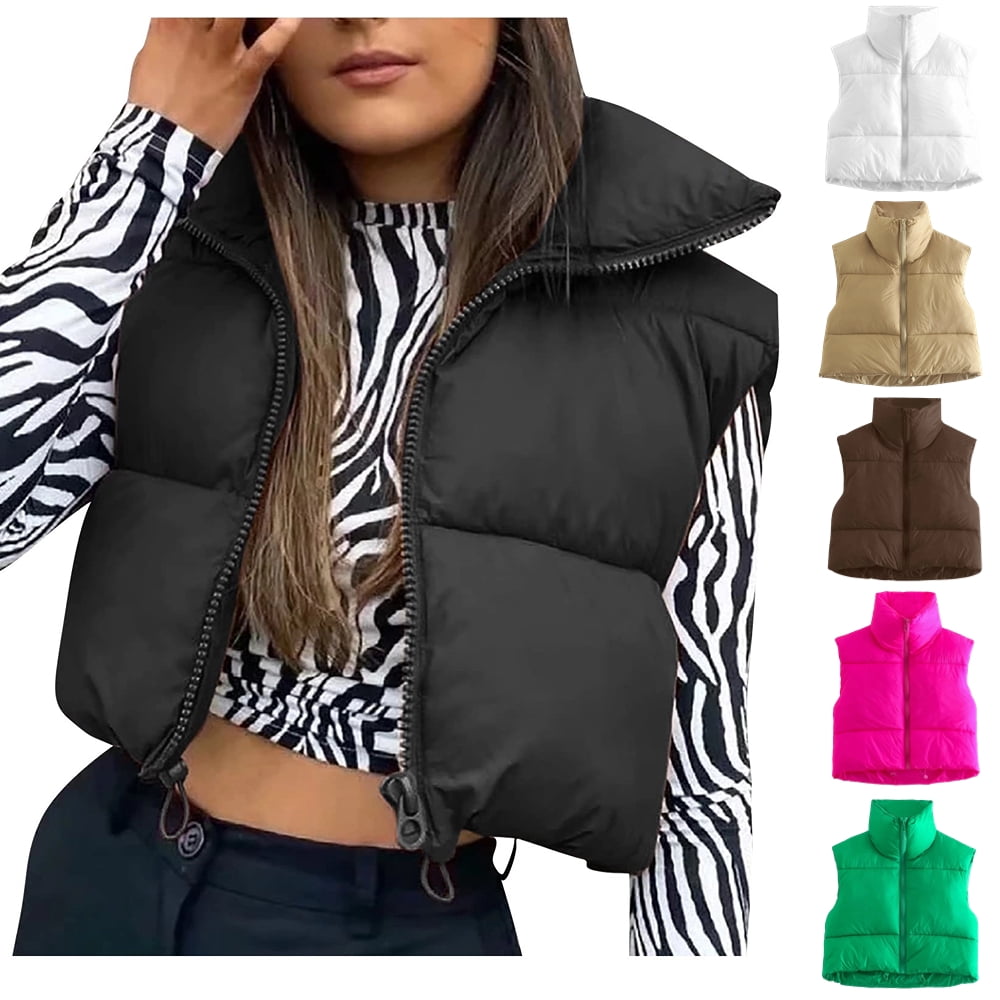 Sksloeg Women's Full Zip Up Warm Crop Vest Sleeveless Puffer Vest ...