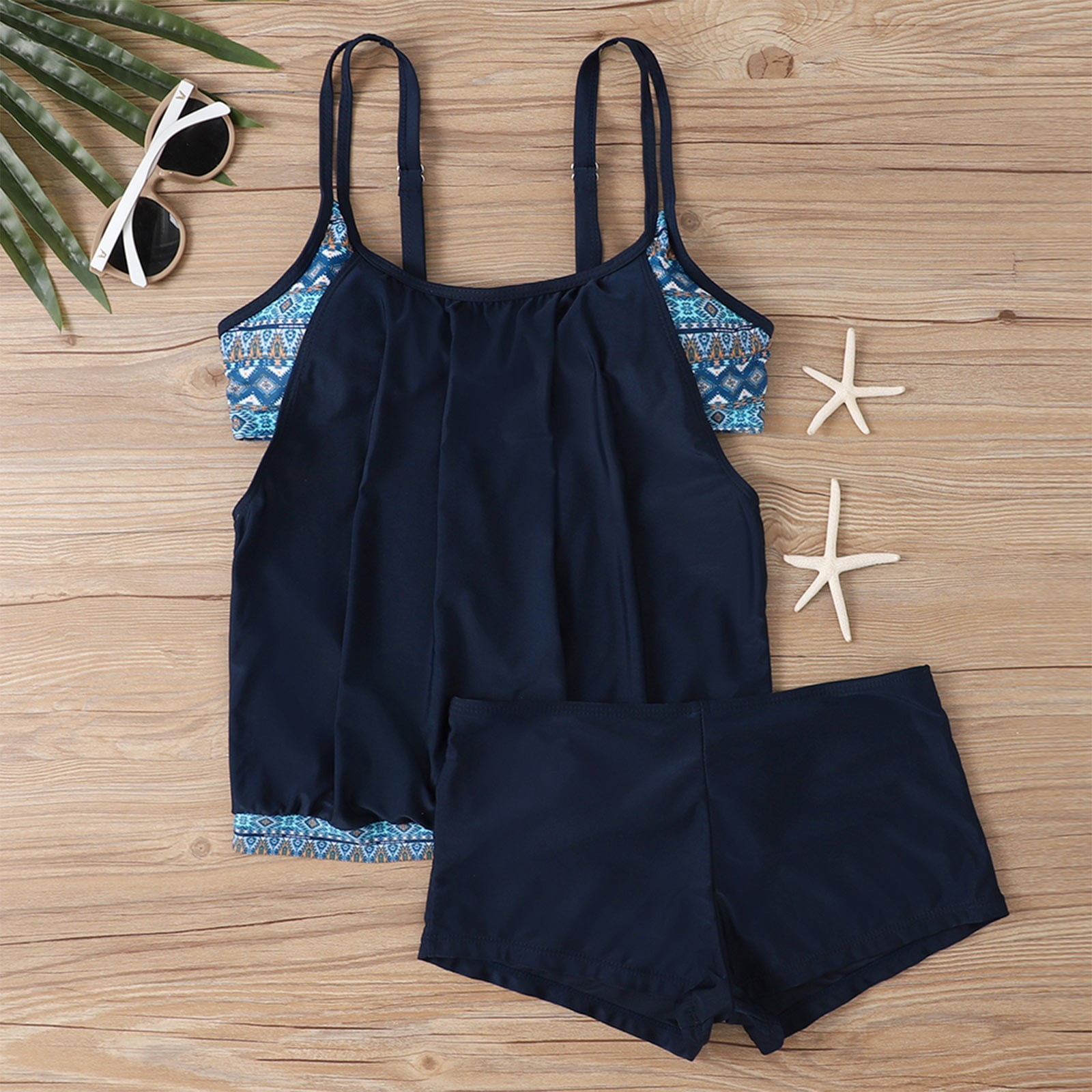 Sksloeg Women's Plus Size Tankinis Swimsuit Retro Print Blouson Tankini ...