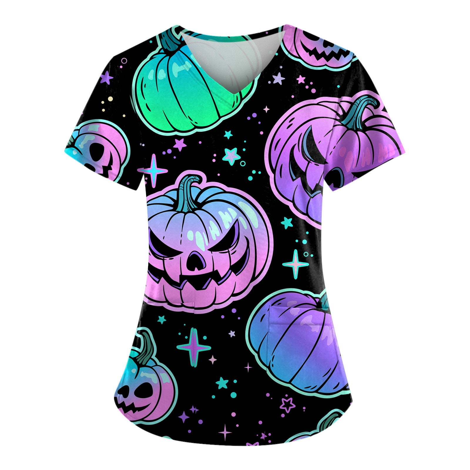Sksloeg Sksloeg Women's Scrub Tops Plus Size Halloween Skeleton Pumpkin ...