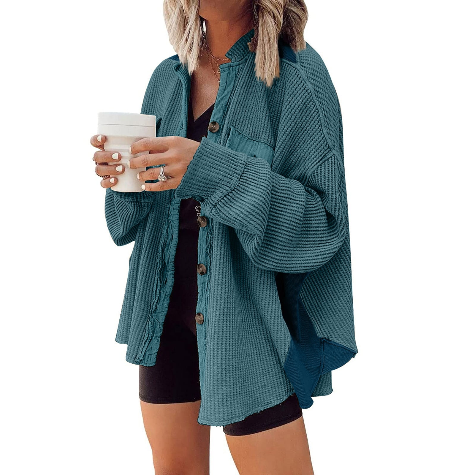 Sksloeg Women's Shacket with Pockets Waffle Knit Shacket Fall Oversized ...