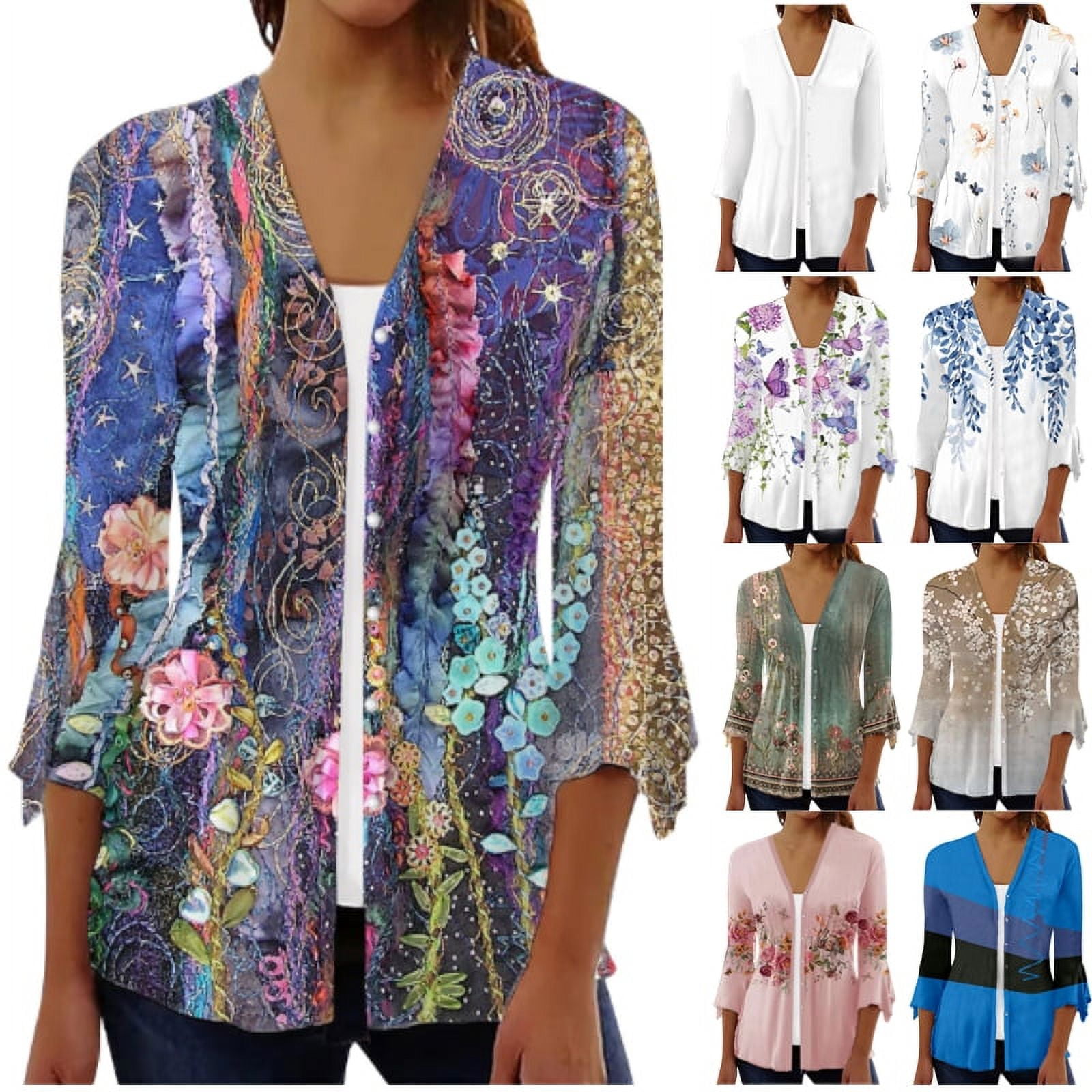Sksloeg Womens Casual Open Front Cardigans Trendy 3 4 Sleeves Kimono