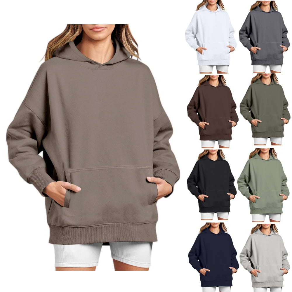 Sksloeg Womens Fall Pullover Sweatshirts Coffee Blue Solid Color ...