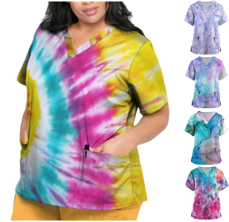 Sksloeg Womens Scrub Tops Plus Size Workwear V Neck Short Sleeve Floral ...