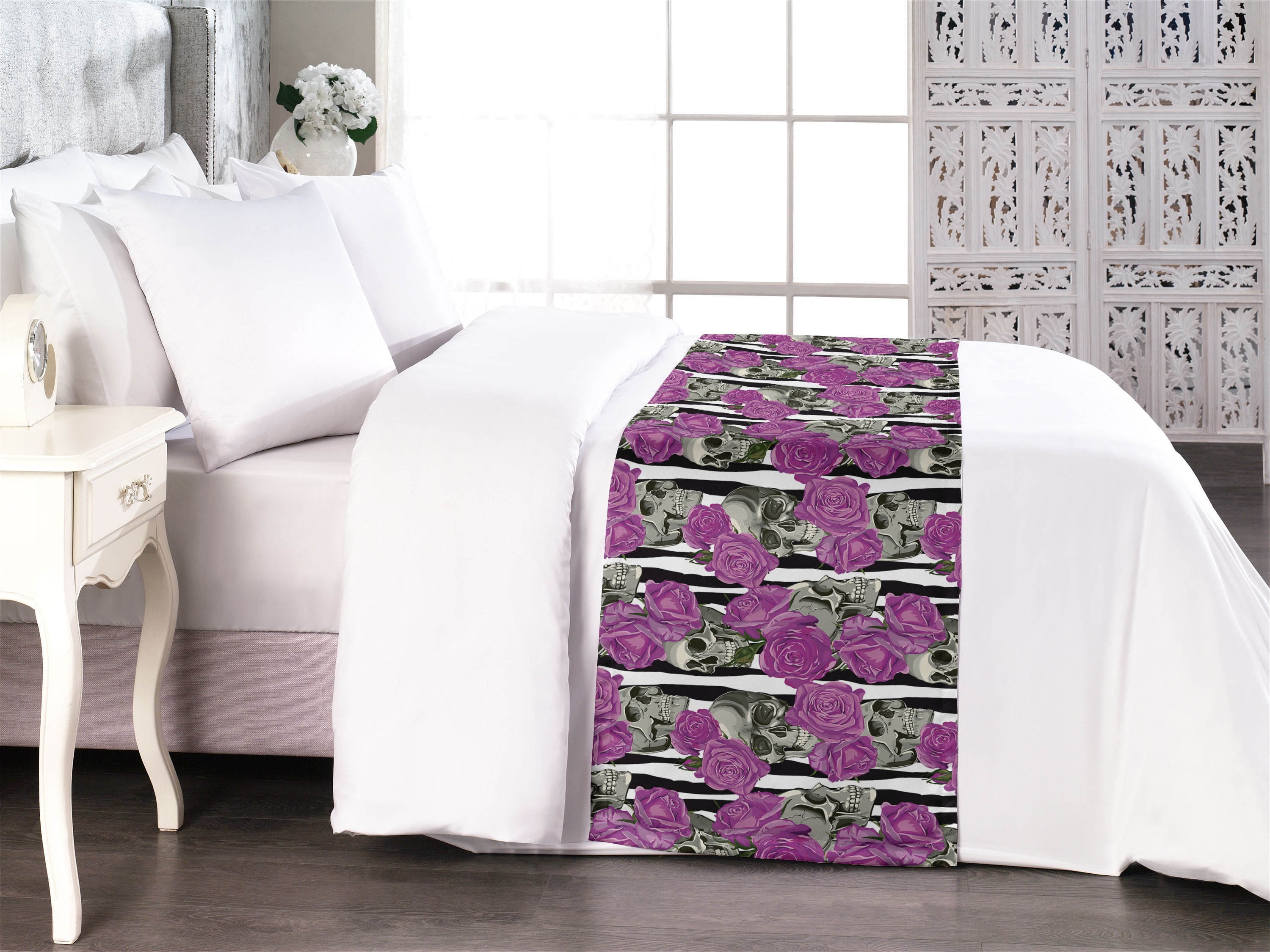 Skull Bed Runner, Sepia Colored Skeleton Heads and Roses with Monochrome Striped Backdrop ...