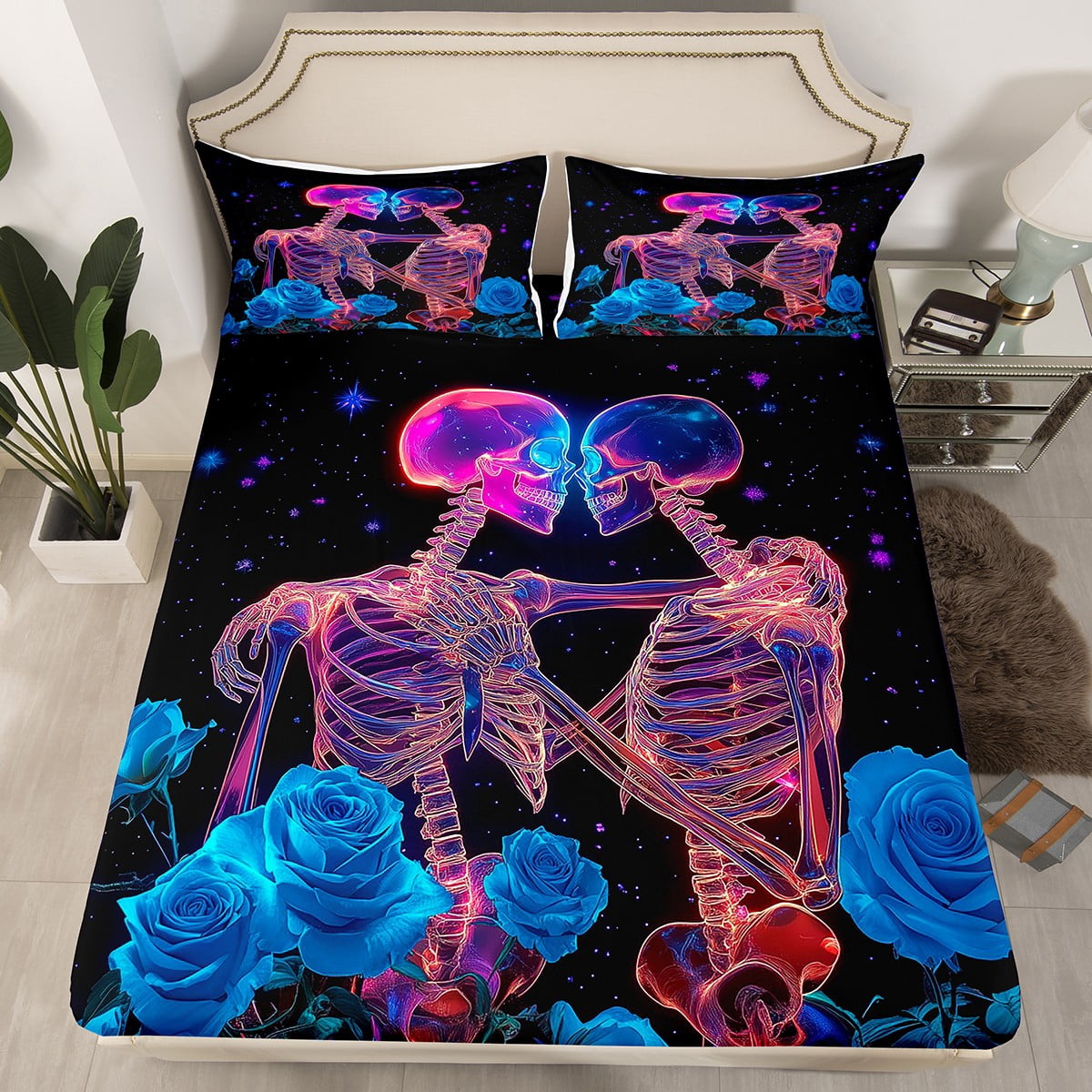 Skull Bed Sheets Gothic Skeleton Bone Bedding Set,Extoic Blue Rose ...