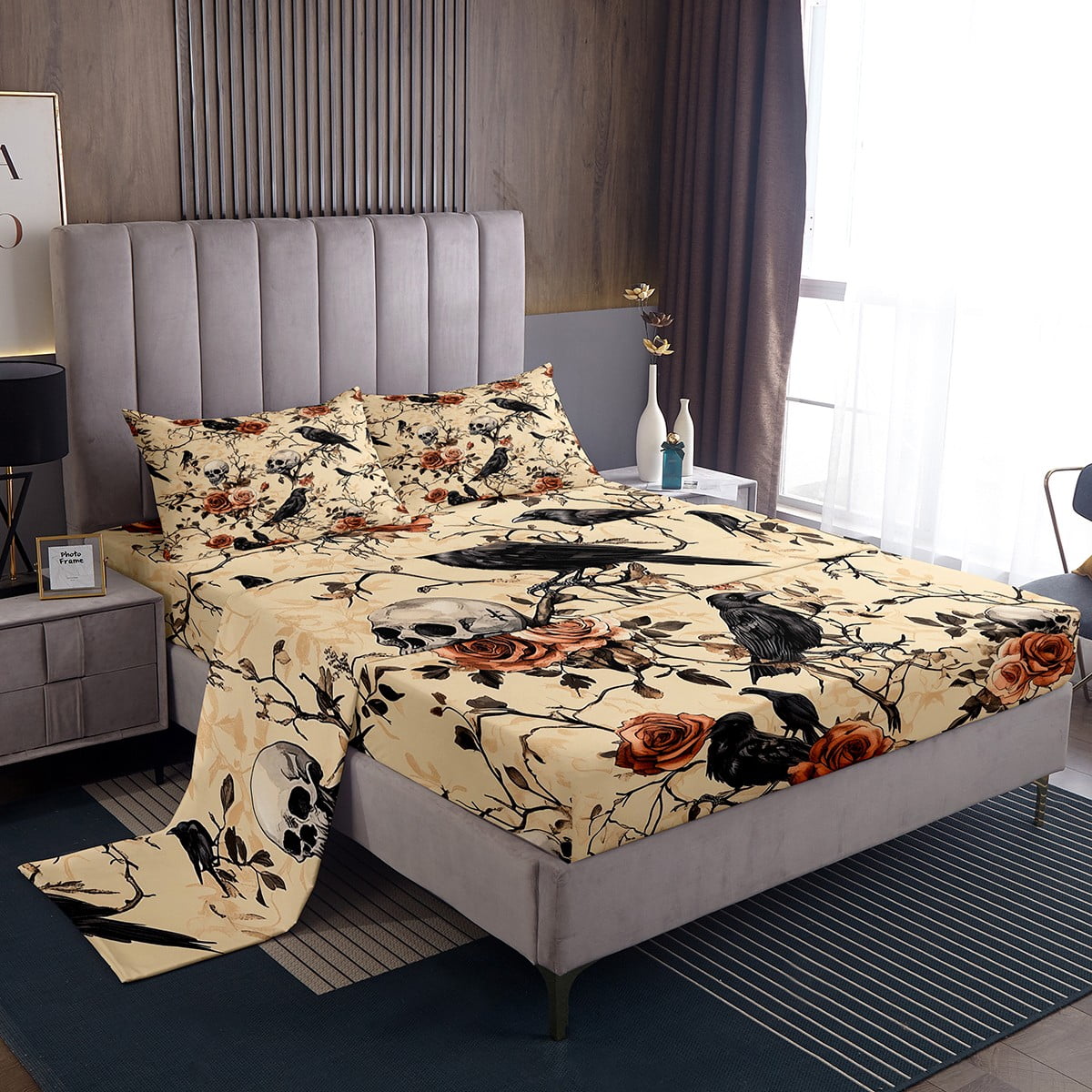 Skull Bed Sheets Set Gothic Crow King Sheet Set,Botancial Flowers Tree ...