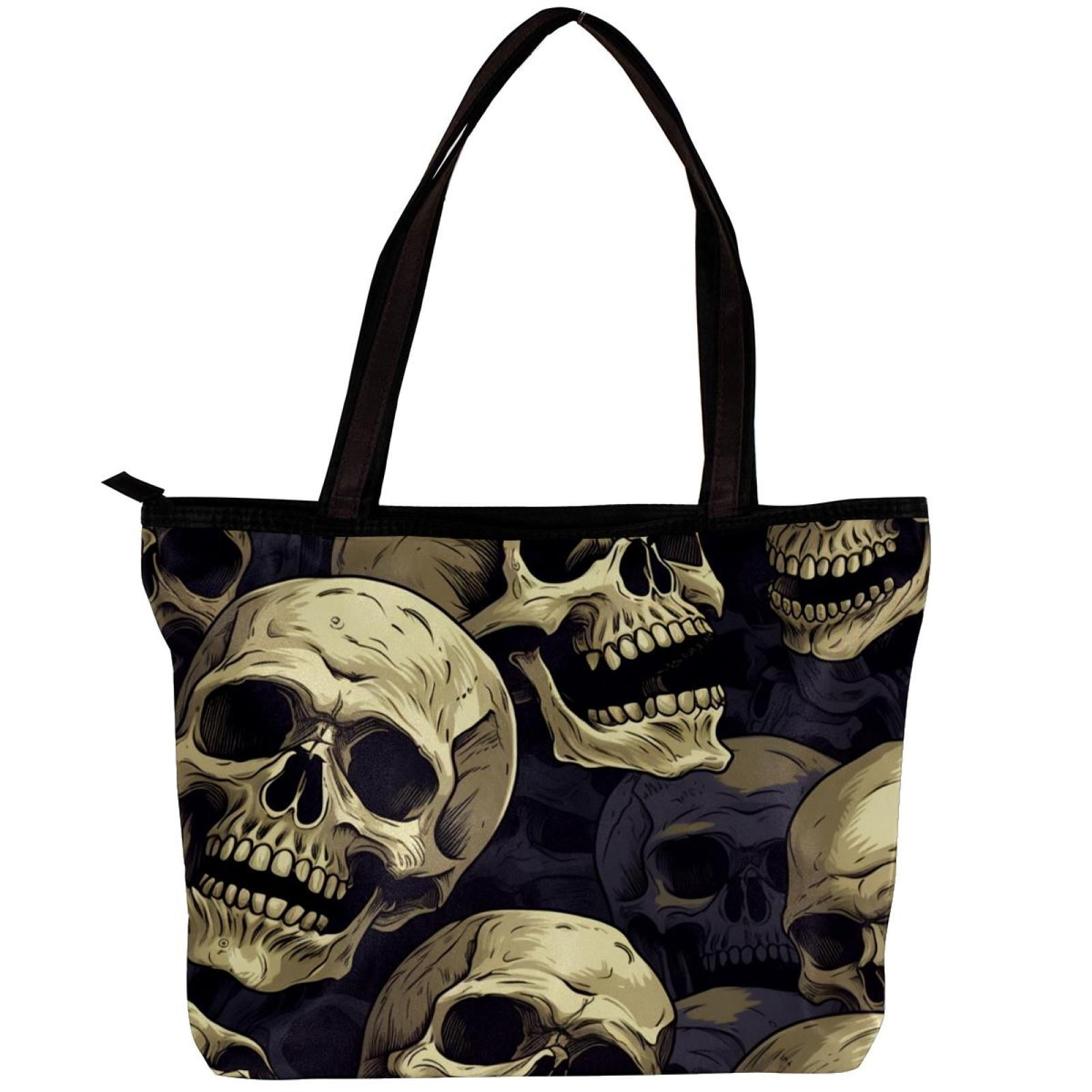 Skull Canvas Leather Mix Hand Bag, Twill Sponge Jeanette Lined, 30x10 ...