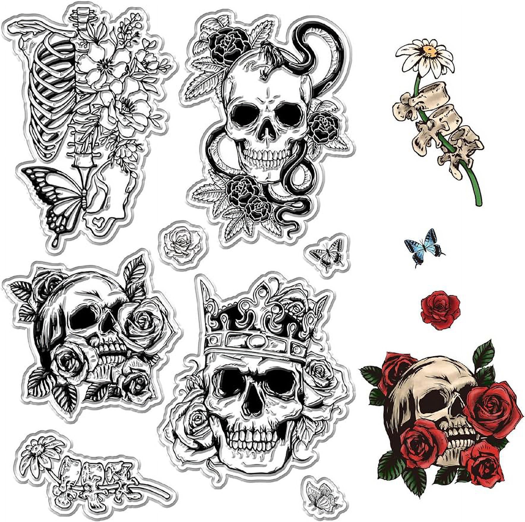 Skull Clear Stamps Gothic Skeletons Roses Butterflies Retro Transparent Silicone Stamp Seals for ...