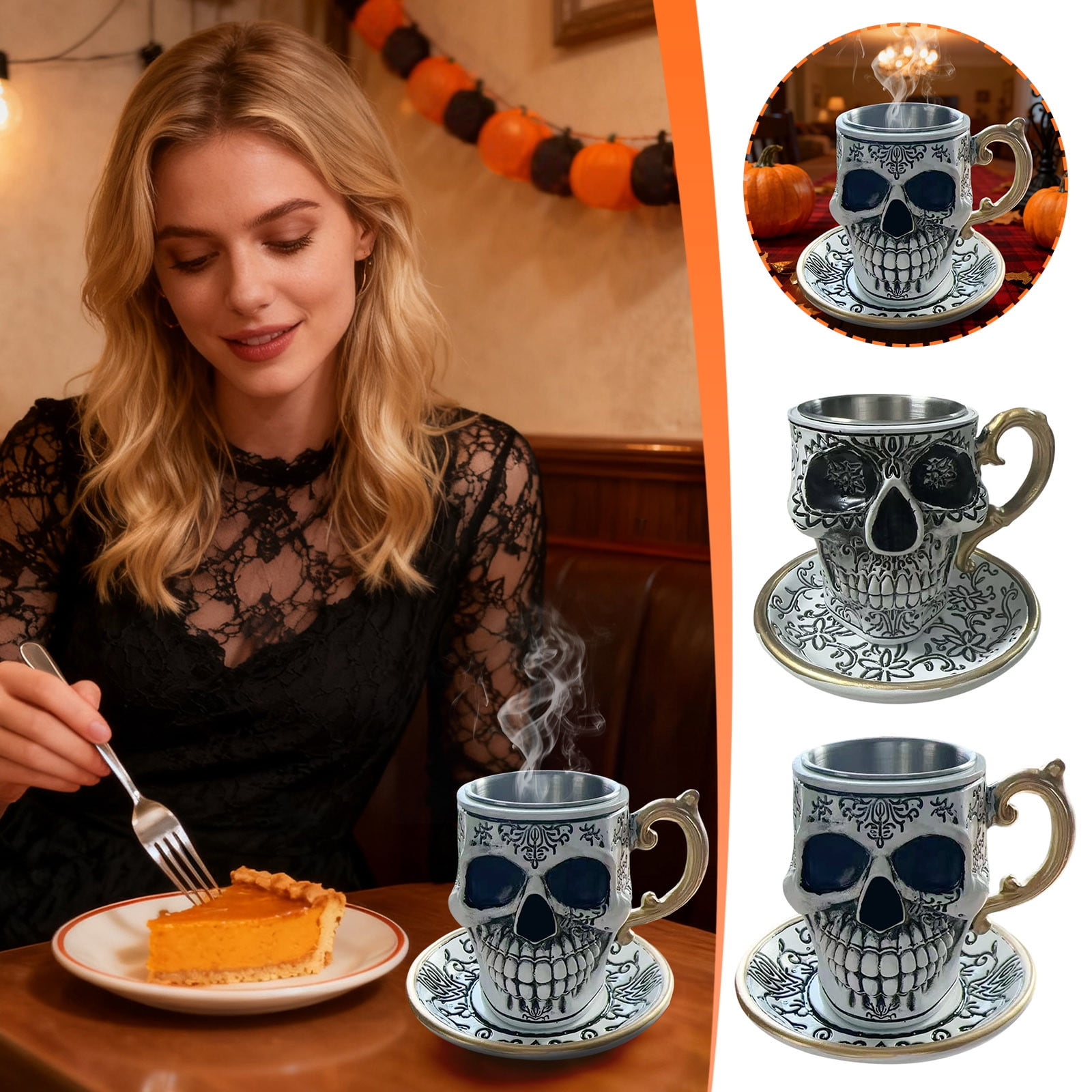 Skull Coffee Mug and Saucer Set, Gothic Teacup with Gold Trim, Unique ...