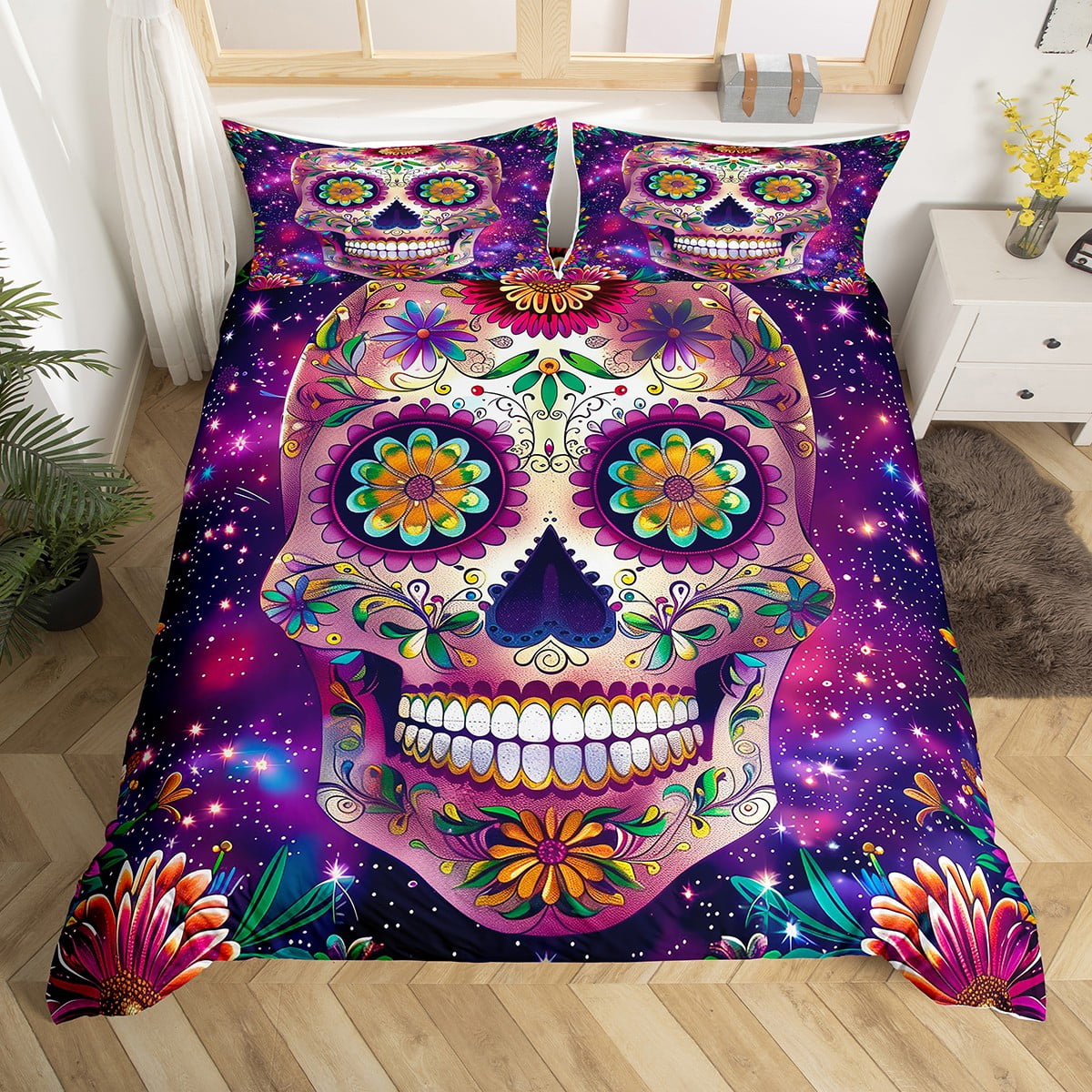 Skull Comforter Cover Full Size,Gothic Starry Sky Bedding Set,Skeleton ...