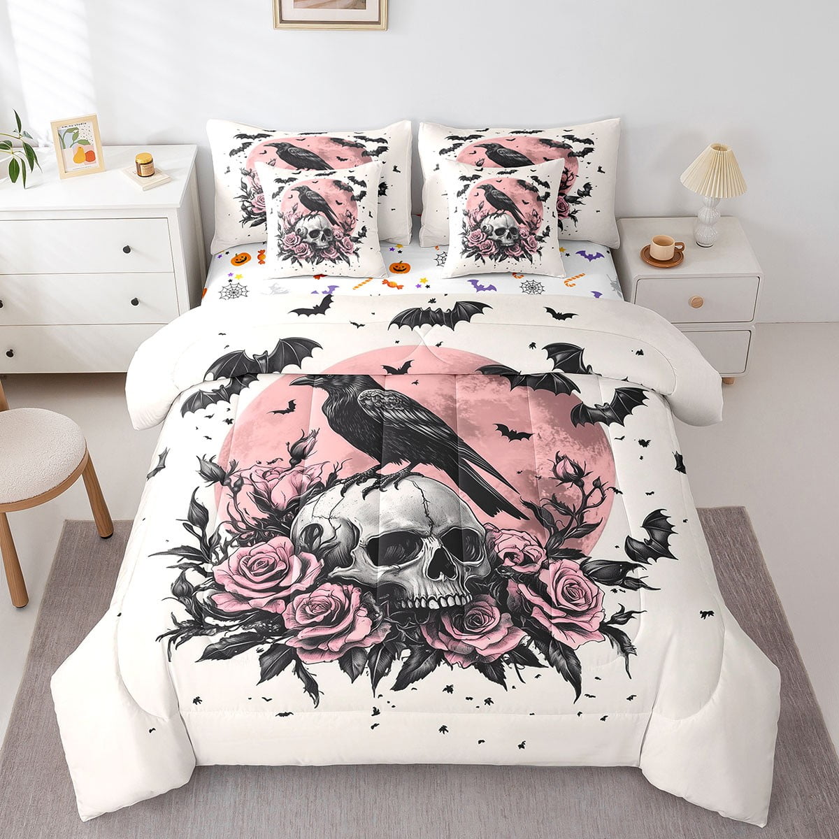 Skull Comforter Set Halloween Bats 7-Piece Bedding Set Spooky Crow ...