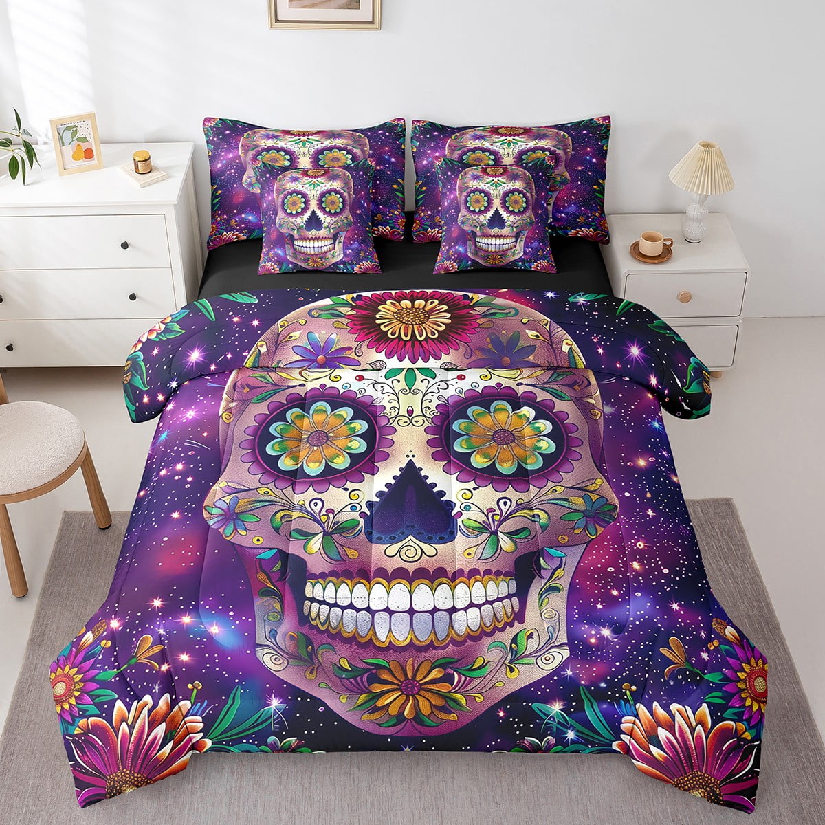 Skull Comforter Set Twin Size,Gothic Starry Sky 7Pcs Bedding Set ...