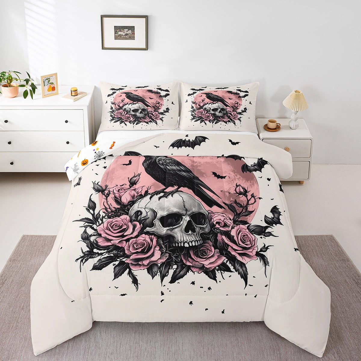 Skull Comforter Sets Halloween Bats Bedding Sets Spooky Crow Gothic ...