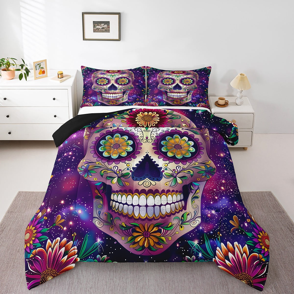 Skull Comforter Sets Twin Size,Gothic Starry Sky Bedding Sets,Skeleton ...