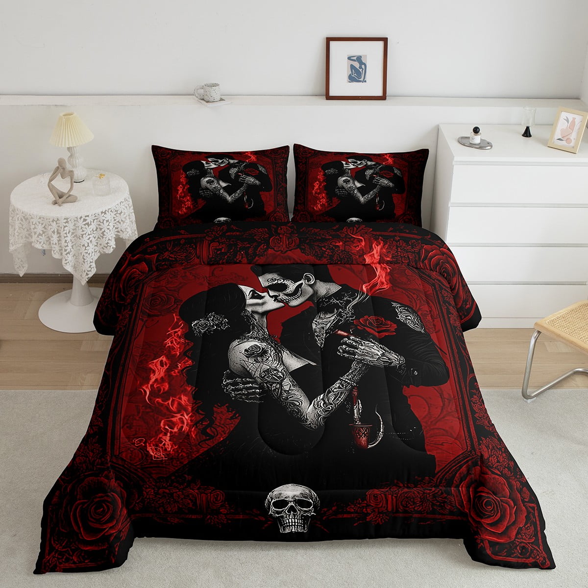 Skull Couple Queen Comforter Set,Kissing Lovers Skeleton Bedding Set ...