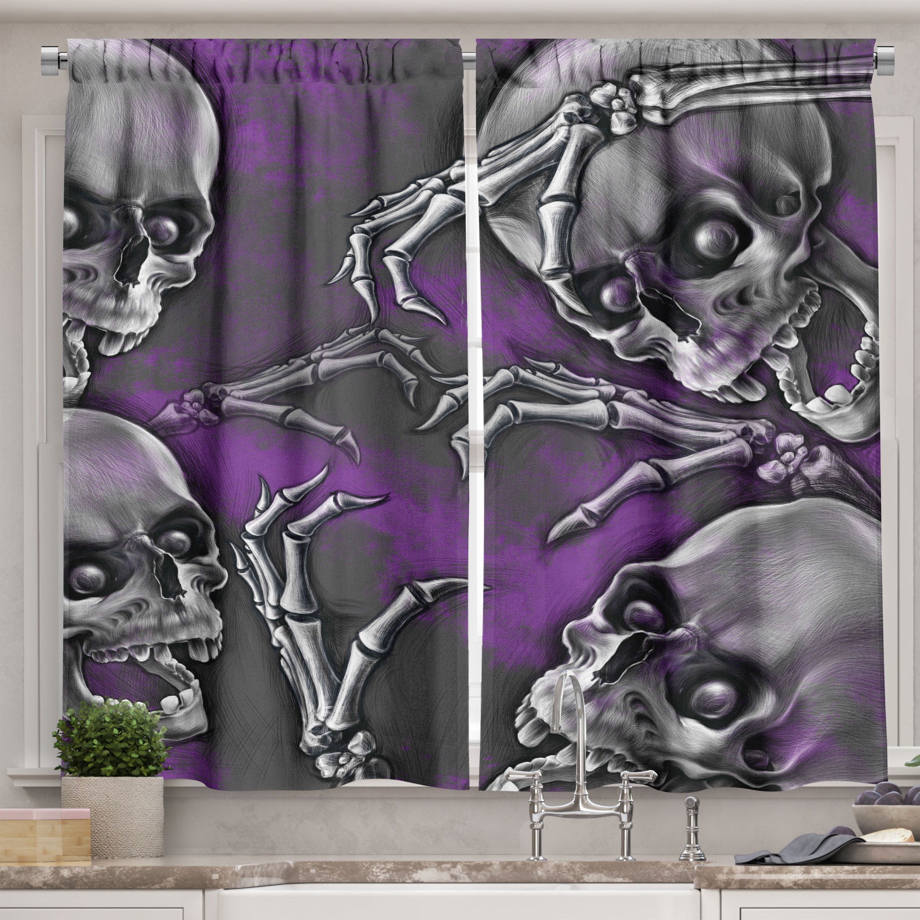 Skull Curtains 2 Panels Set, Scary Creepy Spooky Happy Smiling Skeleton ...