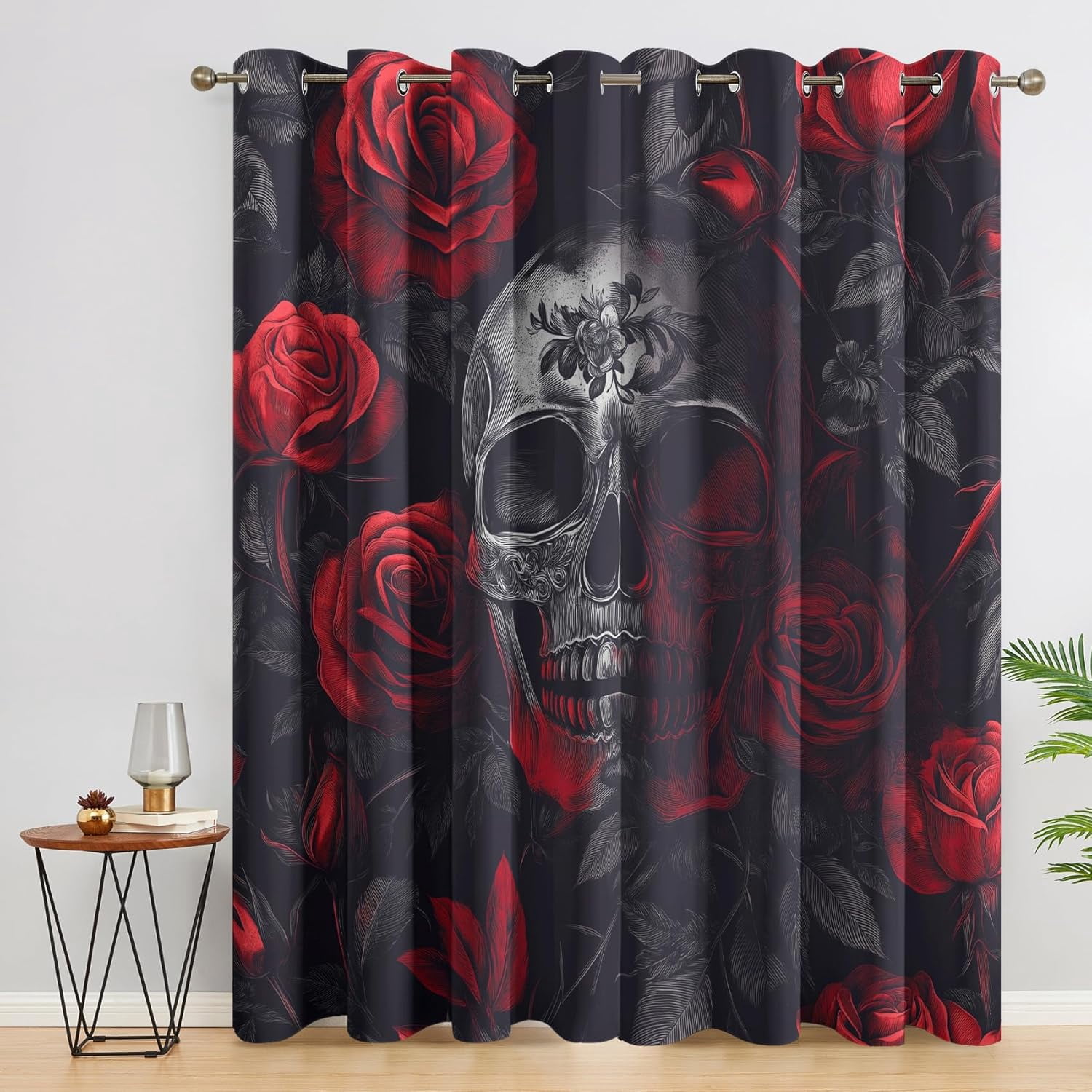 Skull Curtains For Bedroom - Gothic Skull Curtains, Red Rose Window ...