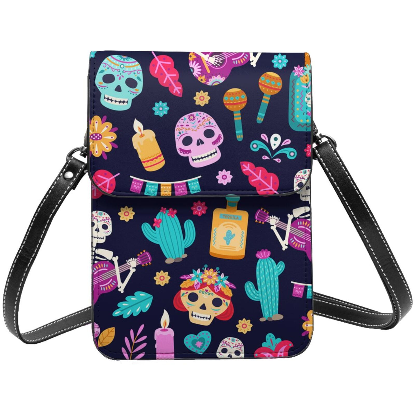 Skull Day Dead Mexican Flower Cell Phone Purse Small Crossbody Bag with ...