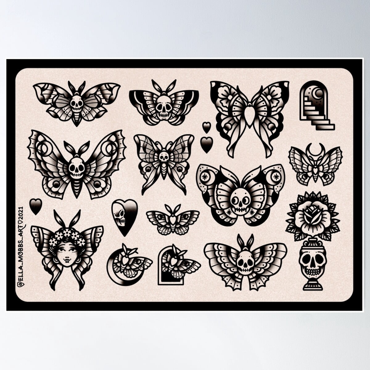 Skull Death Moth Classic Cute Traditional Tattoo Flash Style Print ...