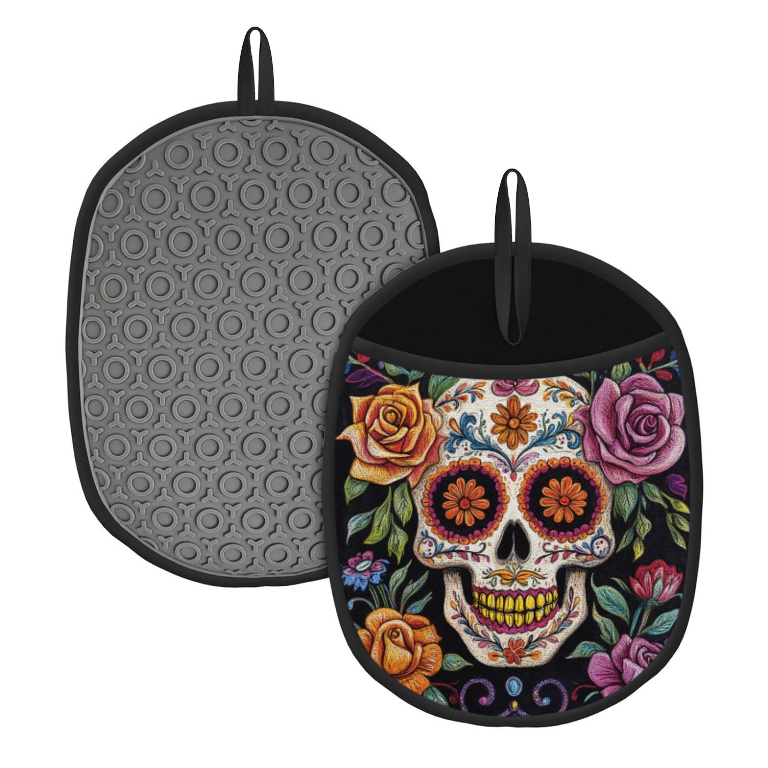 Skull Decorated With Colorful Flowers Kitchen Pot Mat, 7.5x9.4 in ...