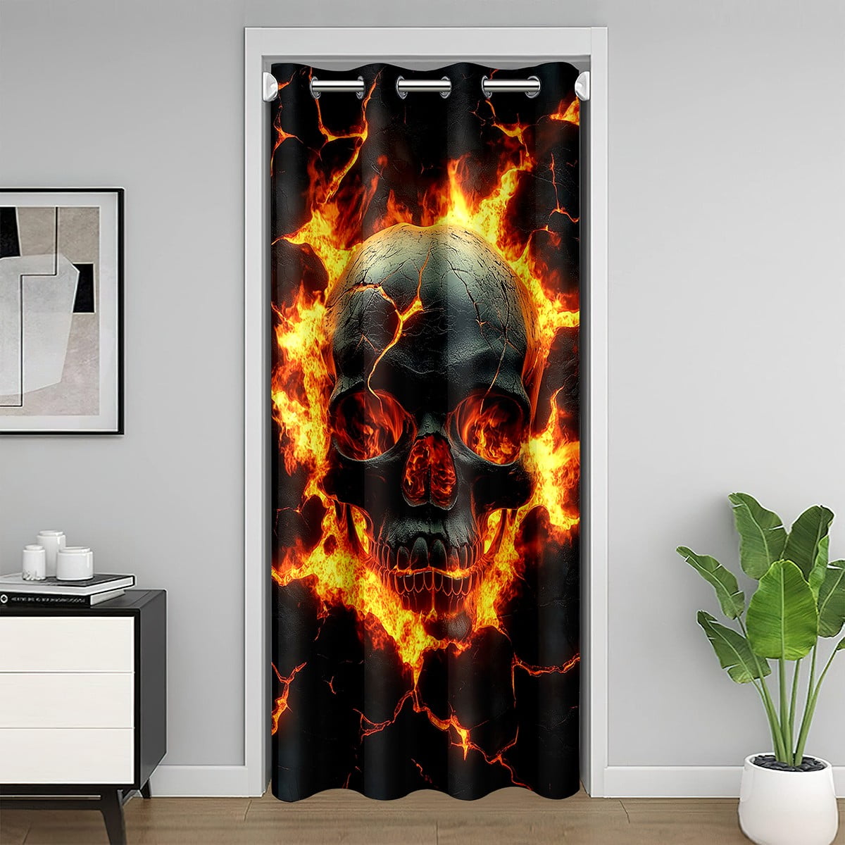Skull Doorway Curtain 1 Panel,Mystic Gothic Skeleton Red Flame Closet ...