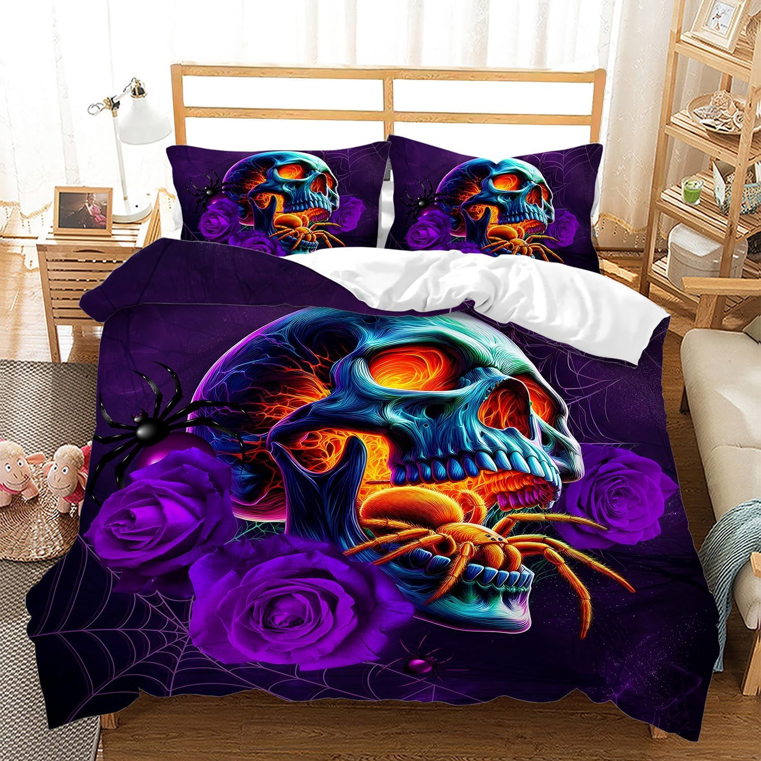 Skull Duvet Cover Set, 3D Purple Terror Skull Bedding Set,Skeleton Bone ...