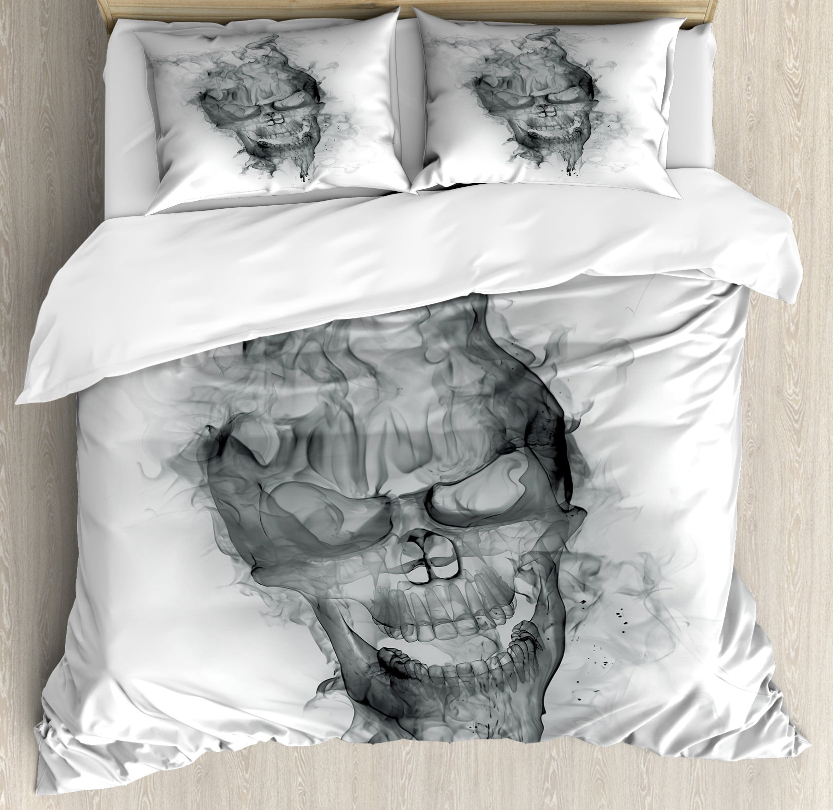 Skull Duvet Cover Set, Contemporary Illustration of Smokey Grungy Dark ...