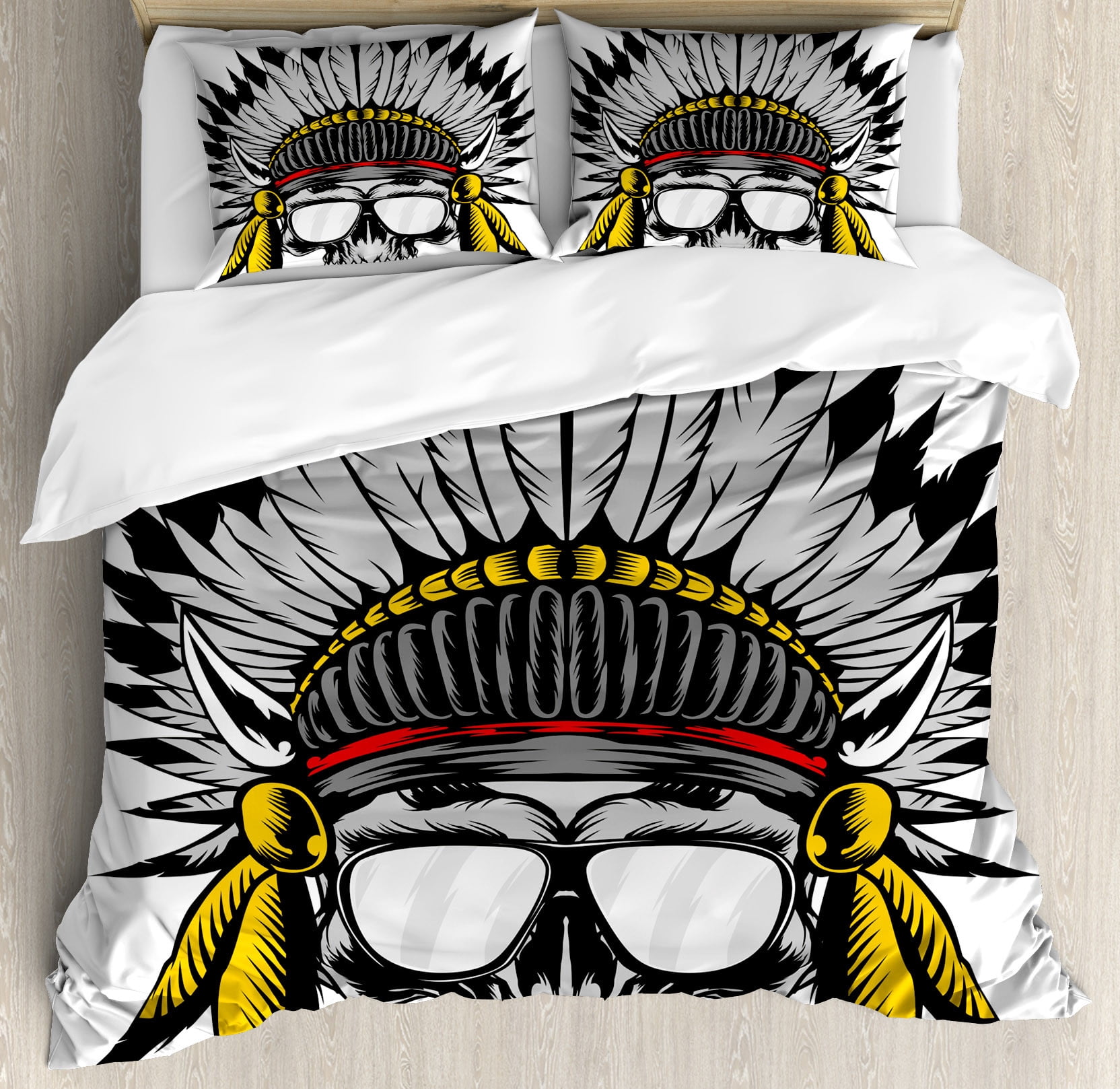 Skull Duvet Cover Set, Dead Tribe Leader Feather Head Crown with ...