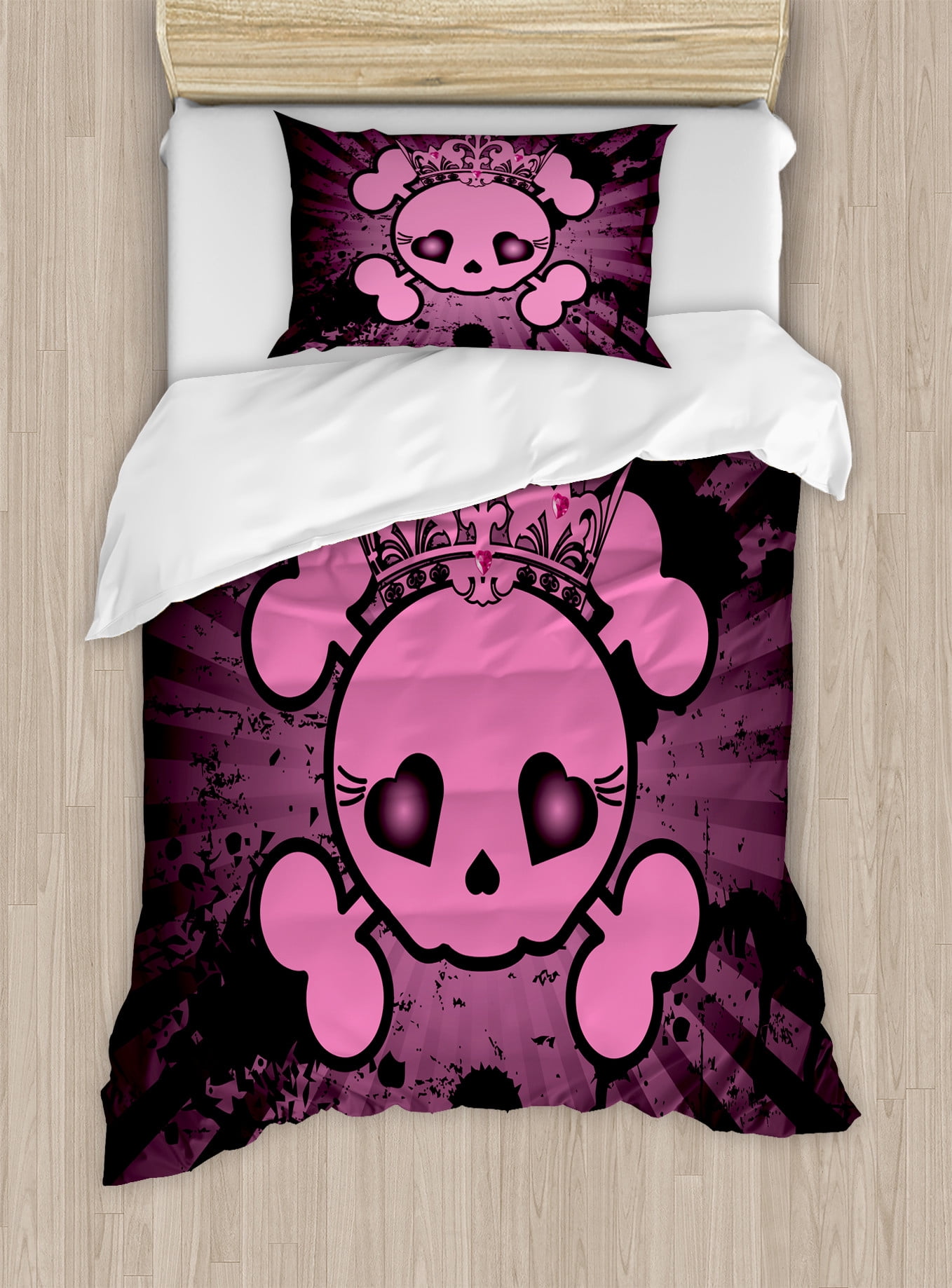 Skull Duvet Cover Set, Illustration Crown Dark Grunge Style Teen Spooky ...