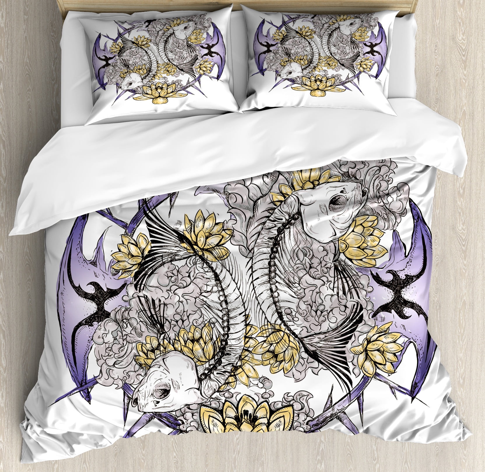 Skull Duvet Cover Set, Pisces Fish with Lotus Flowers Traditional ...