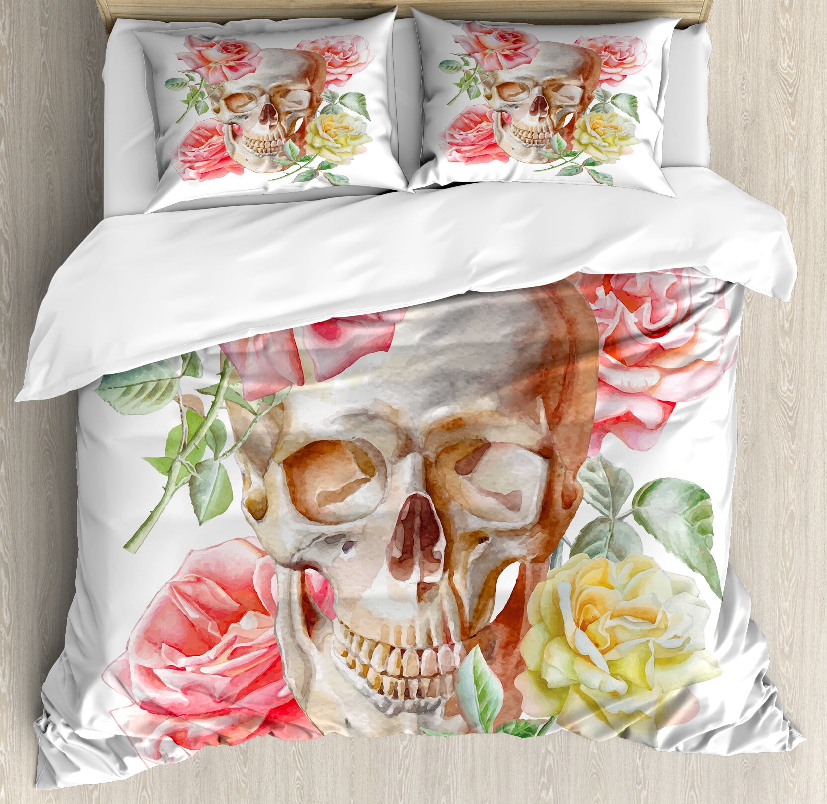 Skull Duvet Cover Set, Roses Living and the Dead Humor Romantic Evil ...