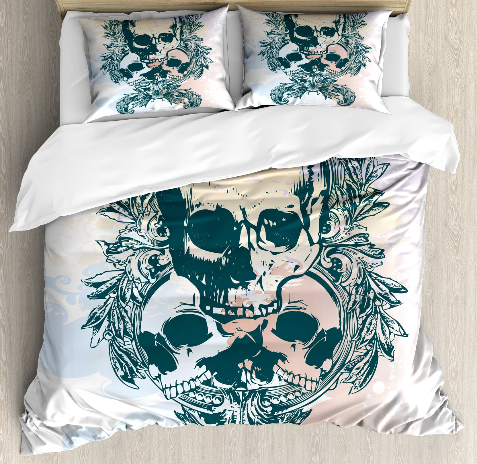 Skull Duvet Cover Set, Scary Deadly Rocker Skeleton Head Trio with ...