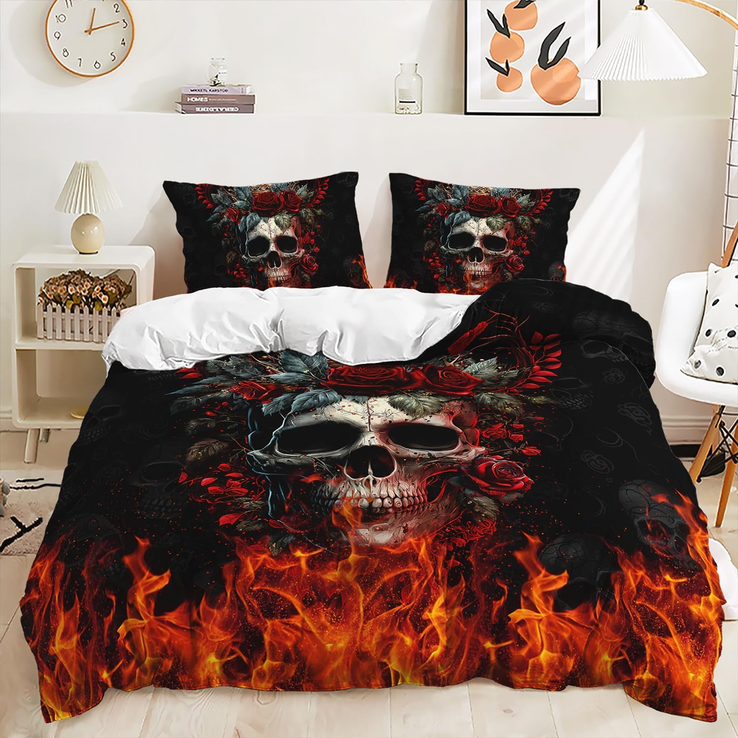 Skull Duvet Cover Set, Skeleton Bone Red Rose Fire Skull Gothic ...
