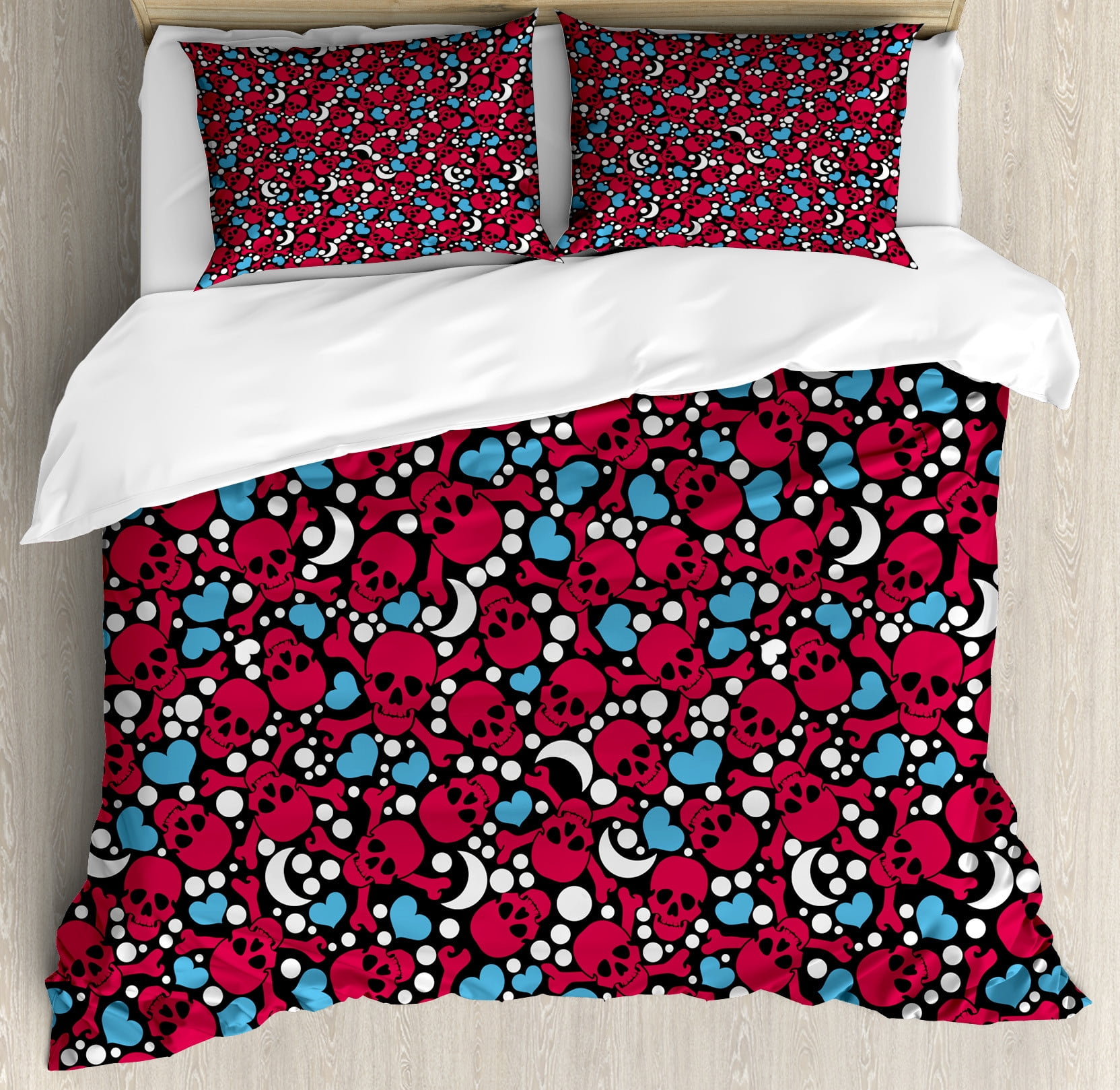 Skull Duvet Cover Set, Smiling Red Skulls with Hearts Moons and Dots ...