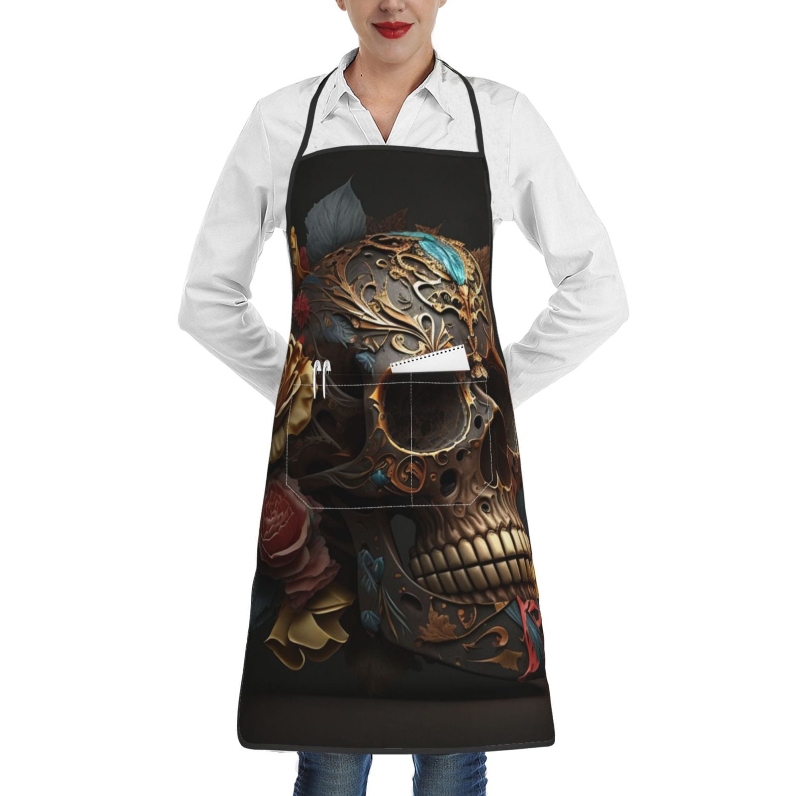 Skull Evil Mexican Sugar Roses Apron with Pocket Cooking Waterproof Bib ...