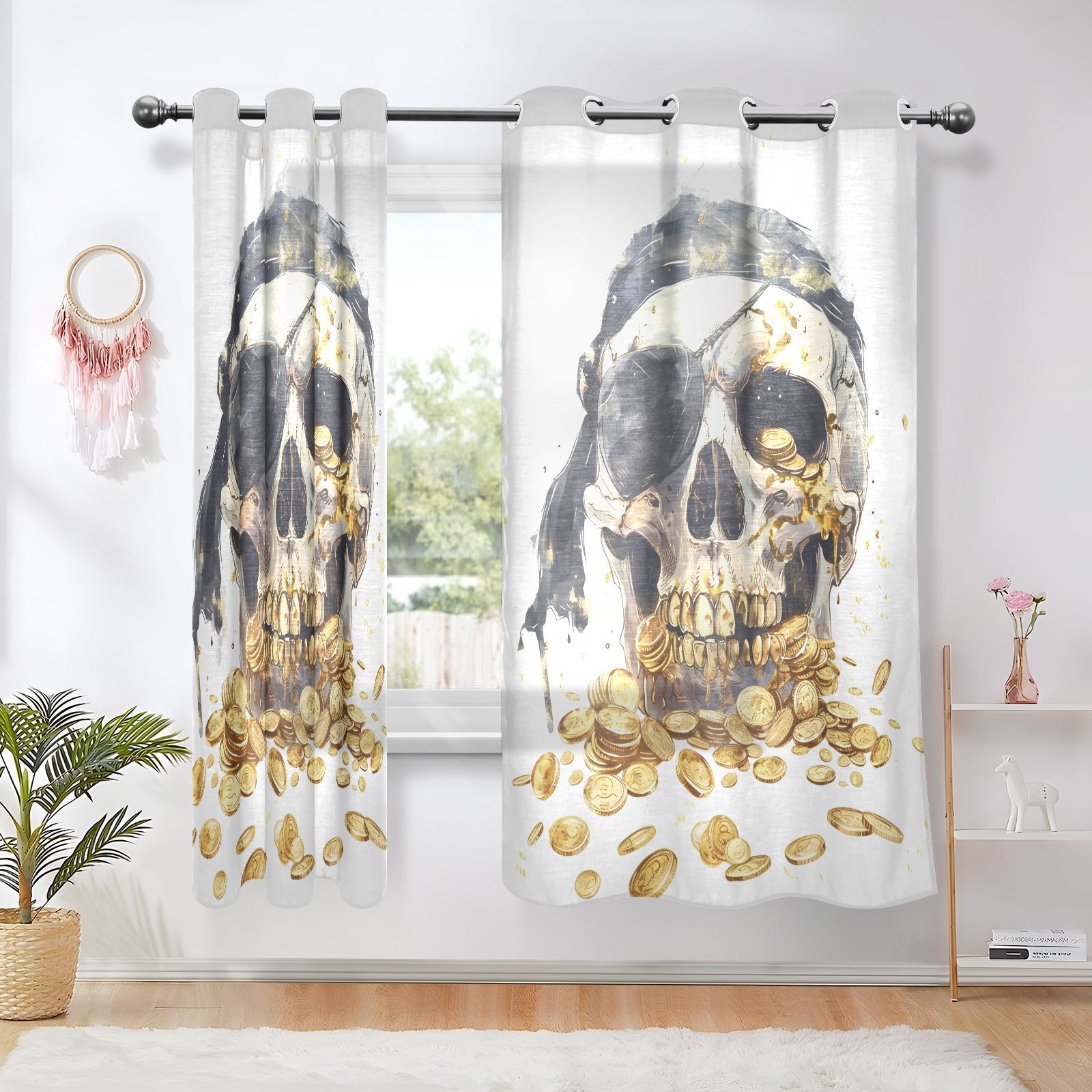 Skull Eye Patch Gold Coins Blackout Curtains 63 inch Length 2 Panels ...