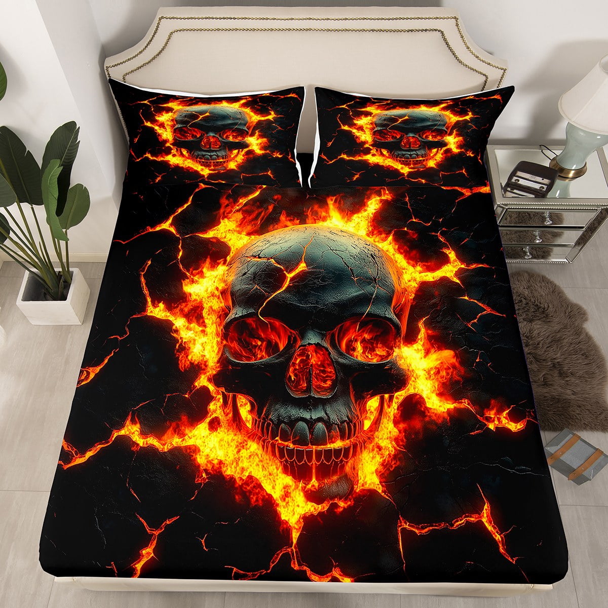 Skull Fitted Sheet Mystic Gothic Skeleton Red Flame Bed Sheet Set Teens ...