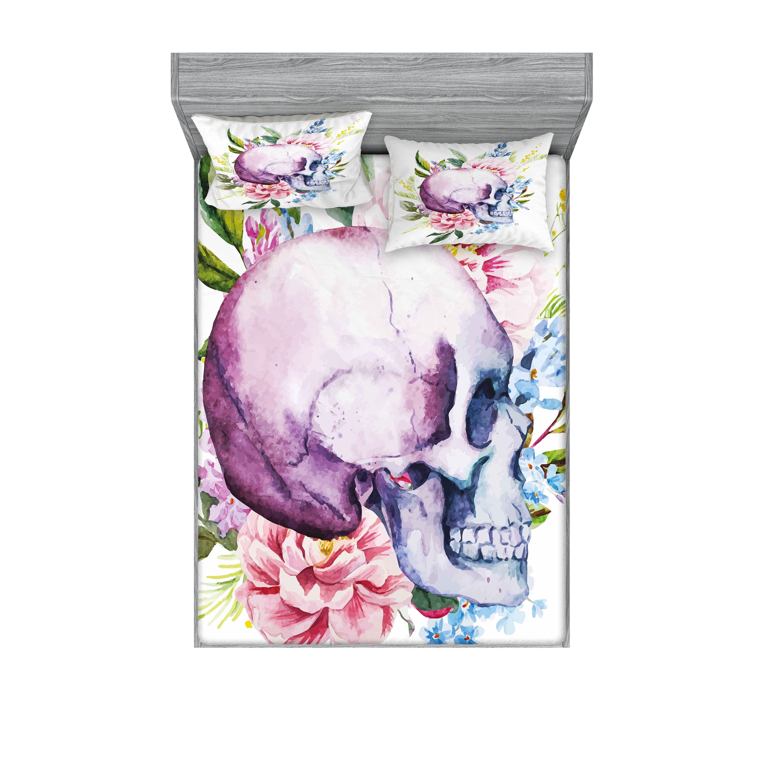 Skull Fitted Sheet & Pillow Sham Set, Watercolor Abstract Dead Human ...