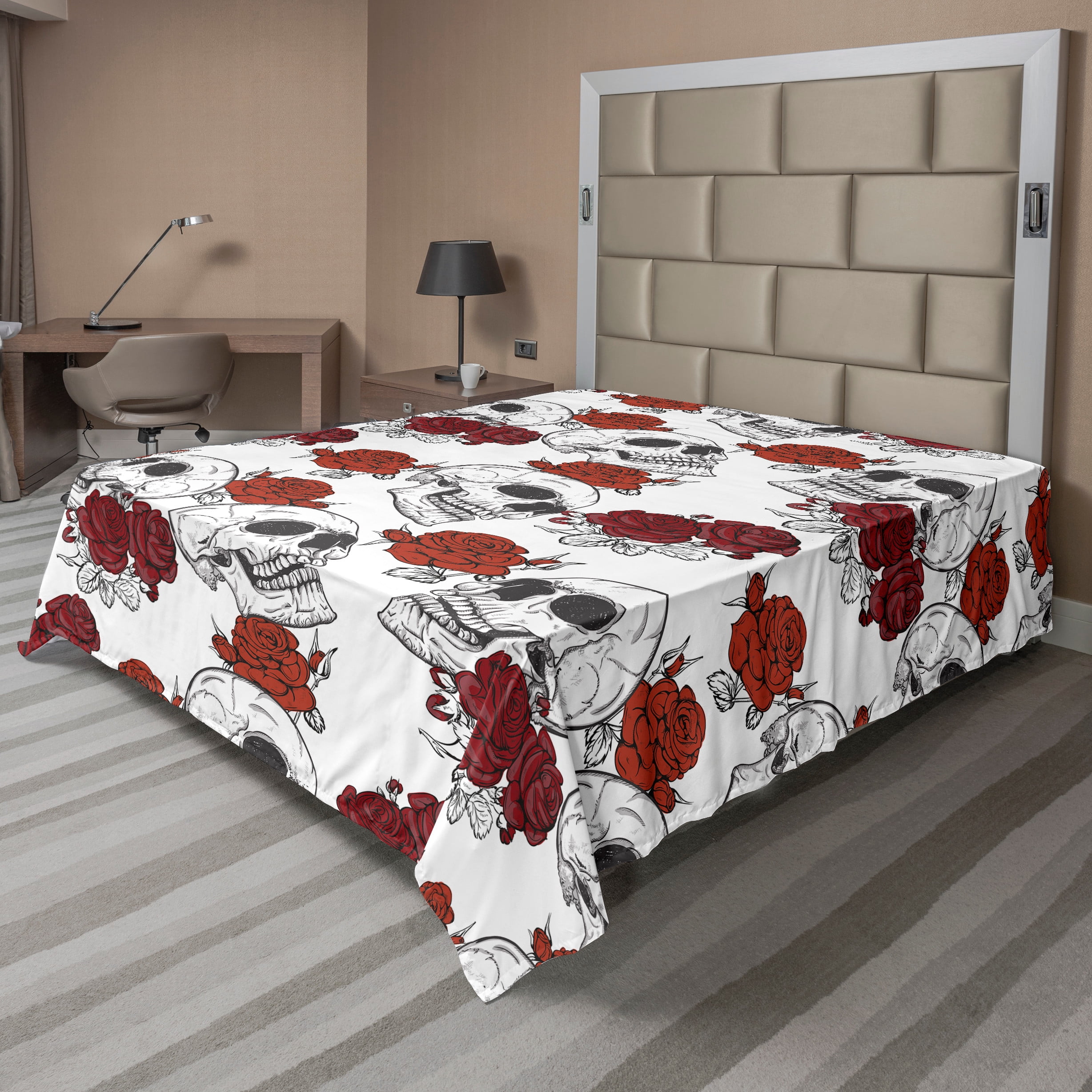 Skull Flat Sheet, Retro Gothic Dead Head Skeleton with Roses Halloween ...
