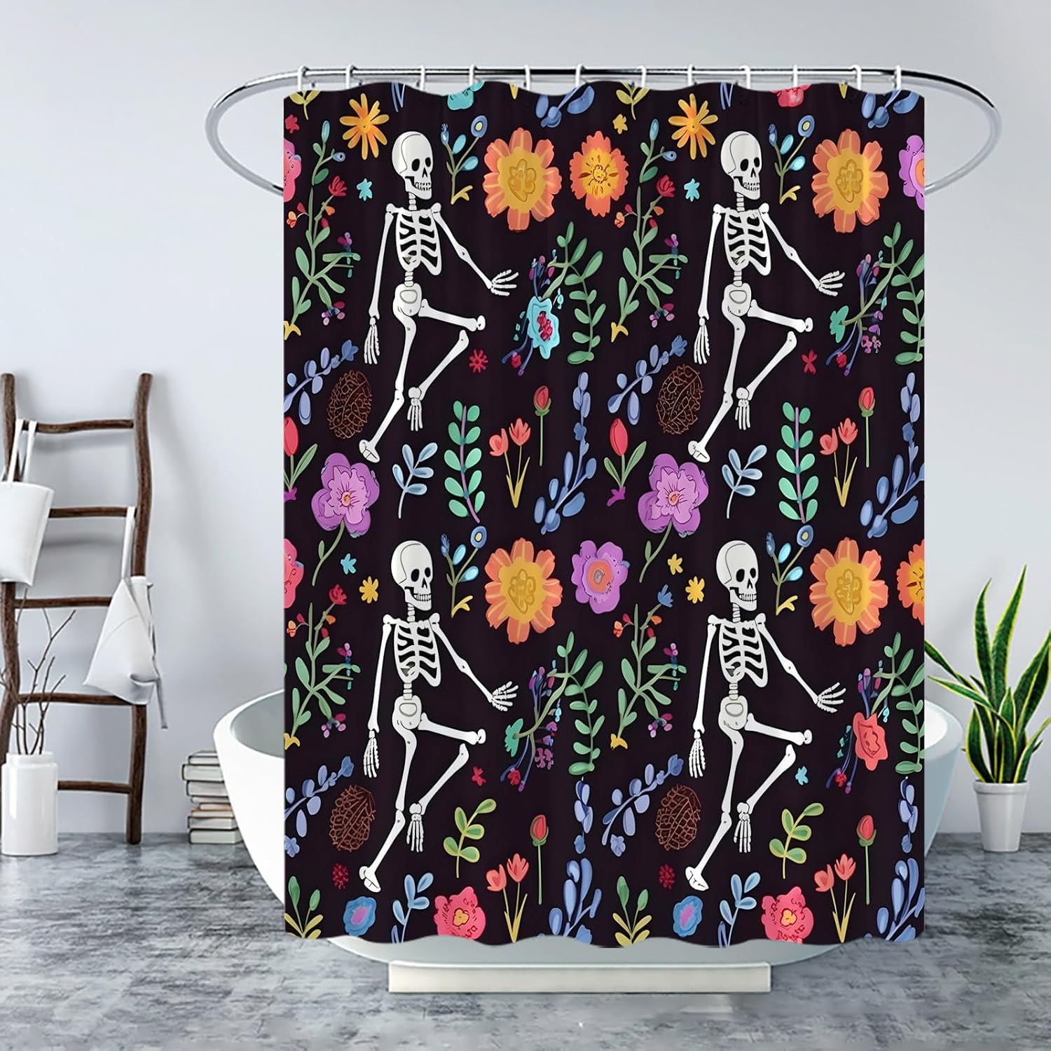 Skull Floral Shower Curtain Day of The Dead Boho Halloween Gothic ...