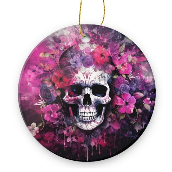 Skull With Flowers In Pink And Purple Color Scheme - Christmas Ornament ...