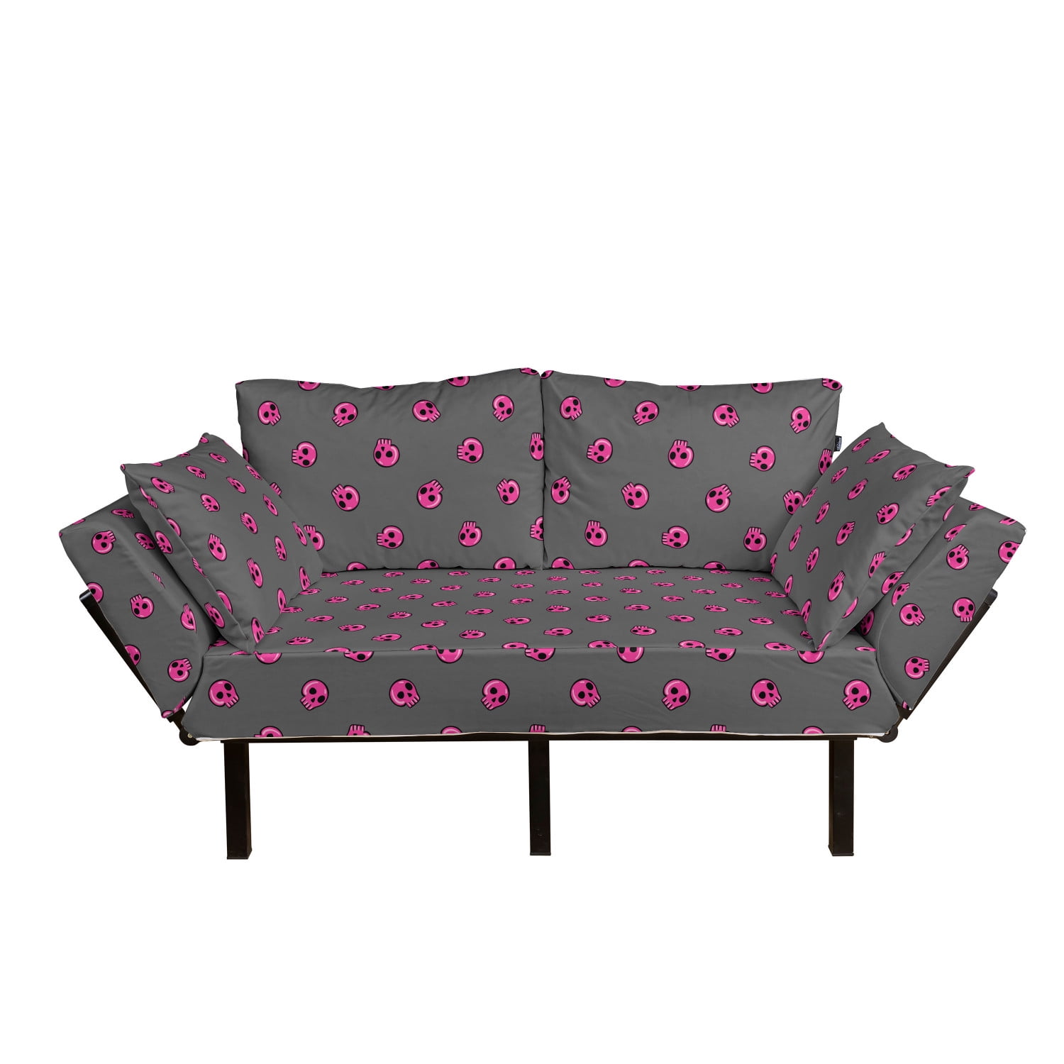 Skull Futon Couch, Hand Drawn Style Pink Emo Skulls Teenager Lifestyle ...