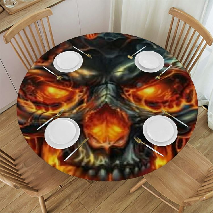 Skull Ghost red fire Burning Cool Round Fitted Tablecloth for Tabletop ...